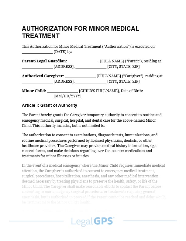 Authorization for Minor Medical Treatment Template - $35 | Legal GPS