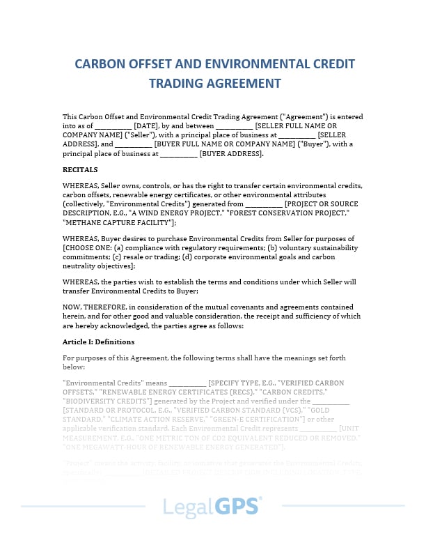 Carbon Offset/Environmental Credit Trading Agreement