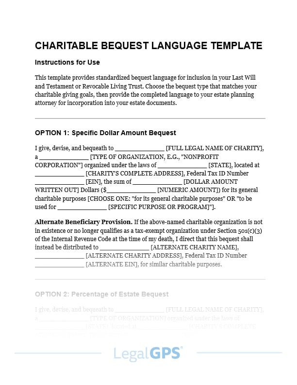 Charitable Bequest Language Template - $35 | Legal GPS