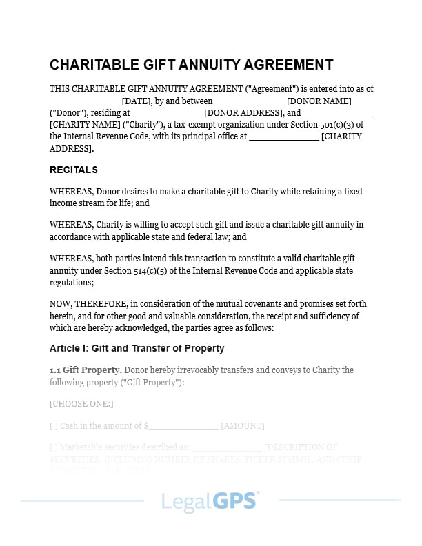 Charitable Gift Annuity Agreement Template - $35 | Legal GPS