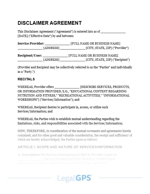 Disclaimer Agreement Template - $35 | Legal GPS