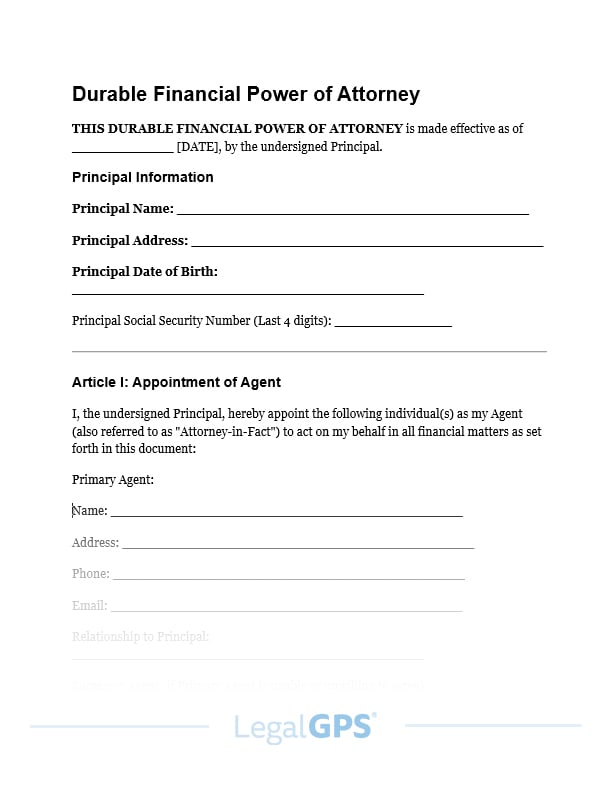 Durable Financial Power of Attorney Template - $35 | Legal GPS