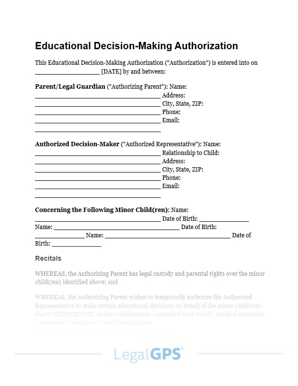 Educational Decision-Making Authorization Template - $35 | Legal GPS