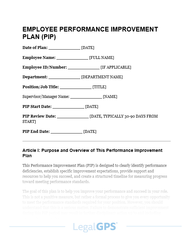 Performance Improvement Plan Template - $35 | Legal GPS