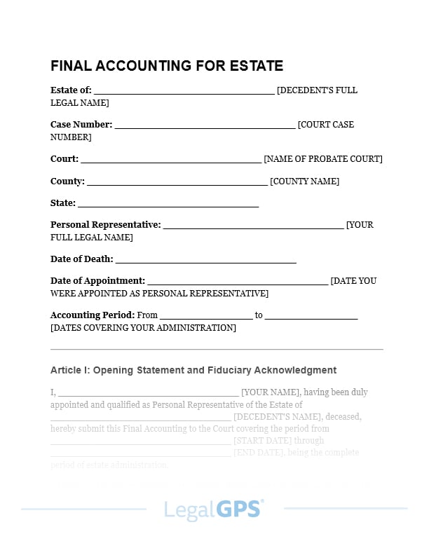 Final Accounting for Estate Template - $35 | Legal GPS
