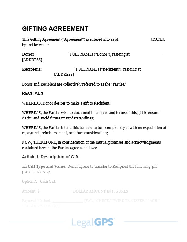 Gifting Agreement Template (Cash or Asset) - $35 | Legal GPS