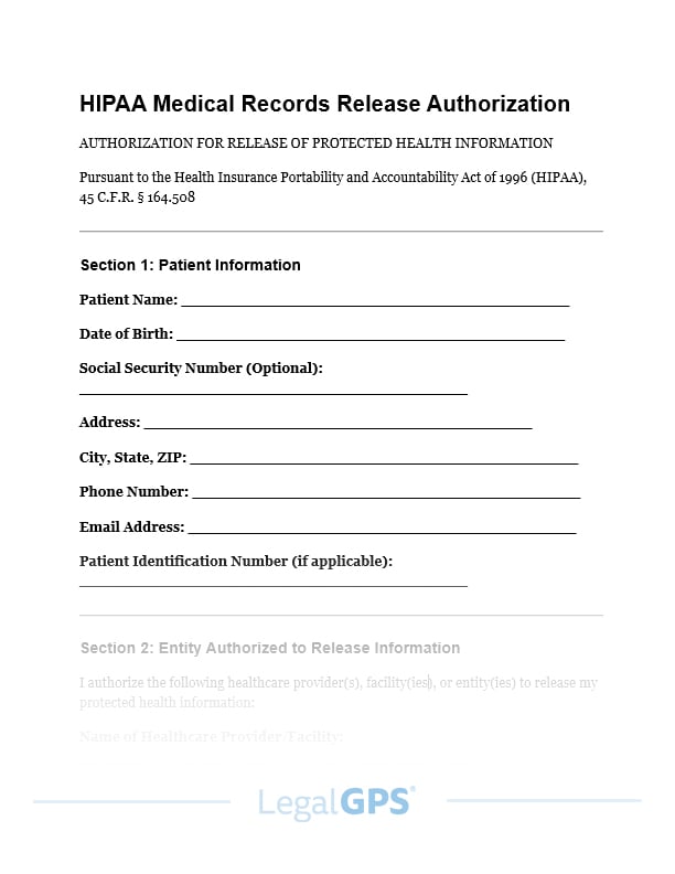 HIPAA Medical Records Release Authorization Template - $35 | Legal GPS