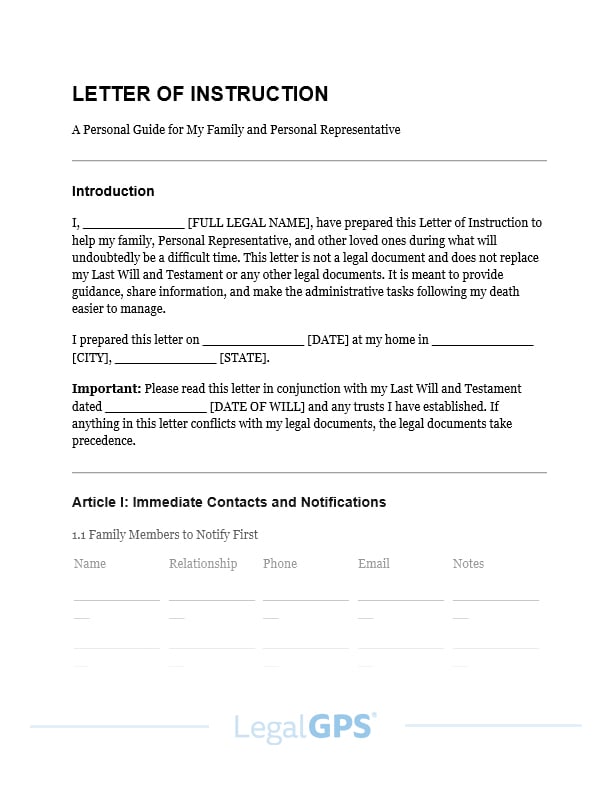 Letter of Instruction Template - $35 | Legal GPS