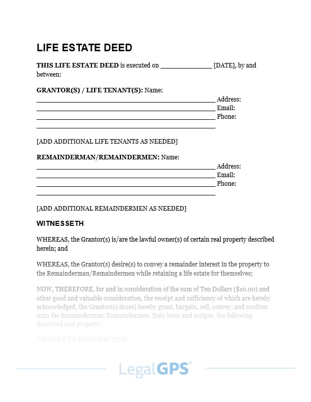 Life Estate Deed Template - $35 | Legal GPS