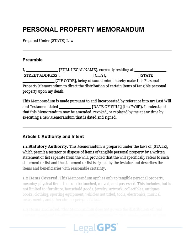 Personal Property Memorandum Template - $35 | Legal GPS