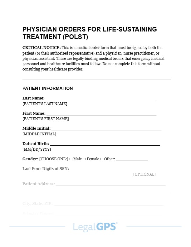 POLST Form Template - Physician Orders Life-Sustaining Treatment ...