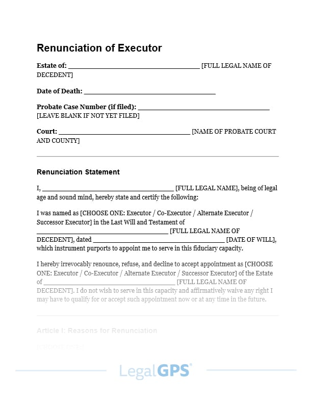 Renunciation of Executor Template - $35 | Legal GPS