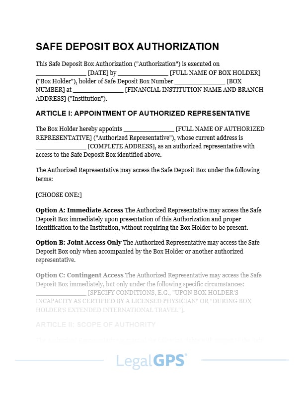 Safe Deposit Box Authorization Template - $35 | Legal GPS