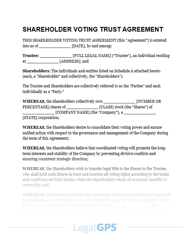 Shareholder Voting Trust Agreement Template - $35 | Legal GPS
