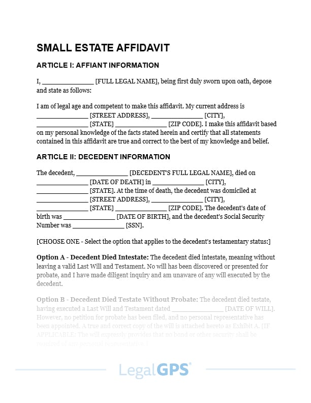 Small Estate Affidavit Template - $35 | Legal GPS