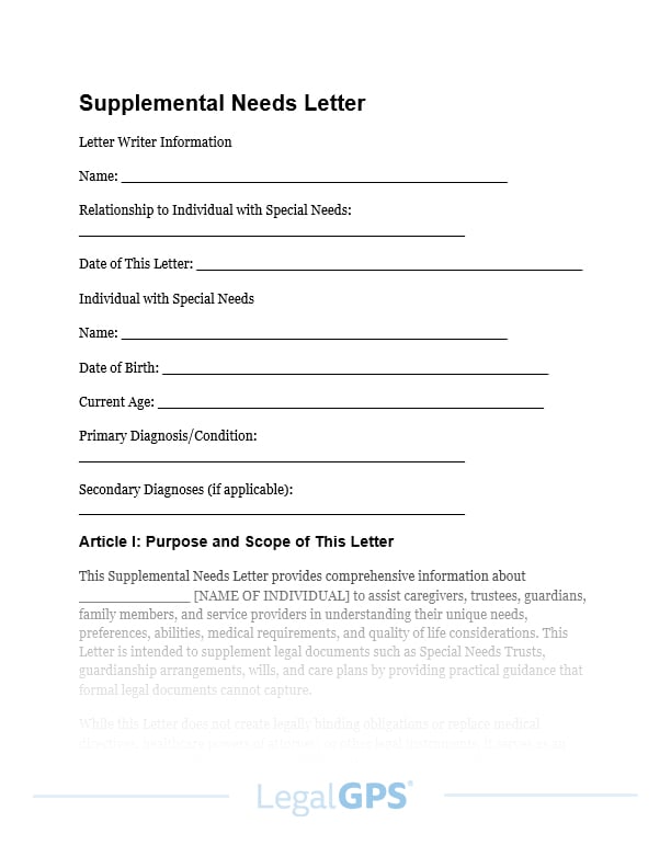 Supplemental Needs Letter Template - $35 | Legal GPS
