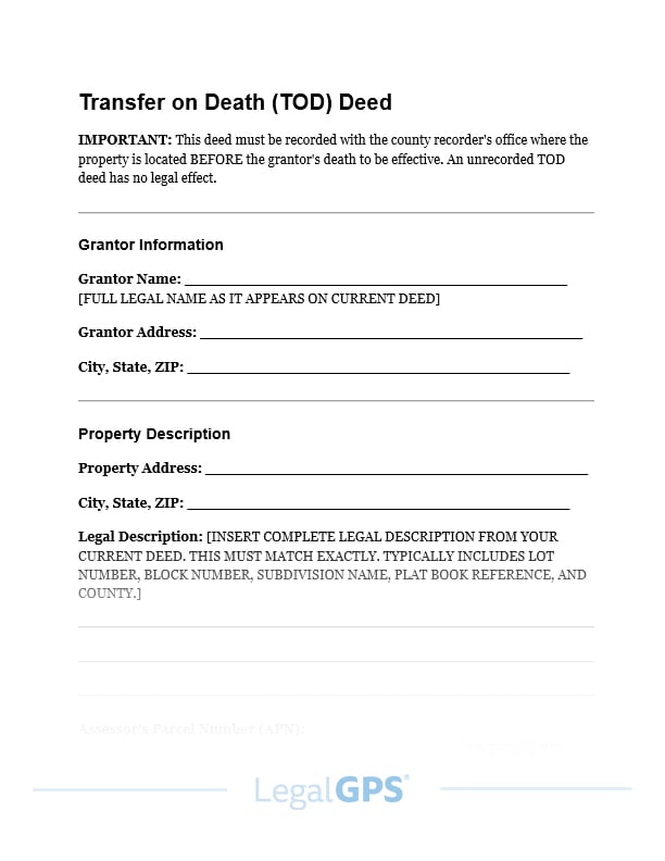 Transfer on Death (TOD) Deed Template - $35 | Legal GPS