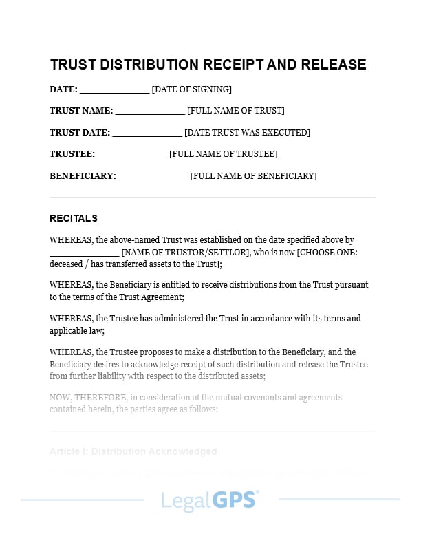 Trust Distribution Receipt and Release Template - $35 | Legal GPS