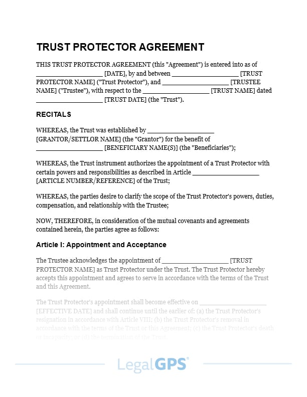Trust Protector Agreement Template - $35 | Legal GPS