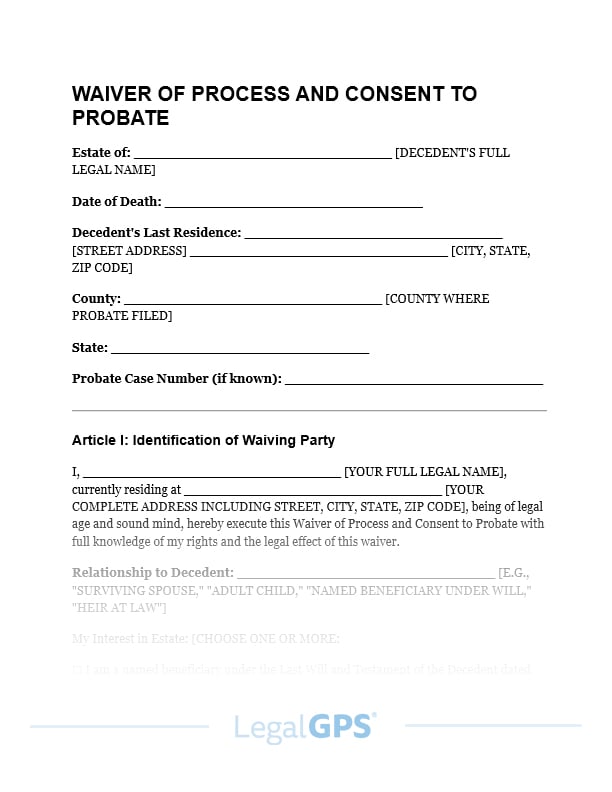 Waiver of Process and Consent to Probate Template - $35 | Legal GPS