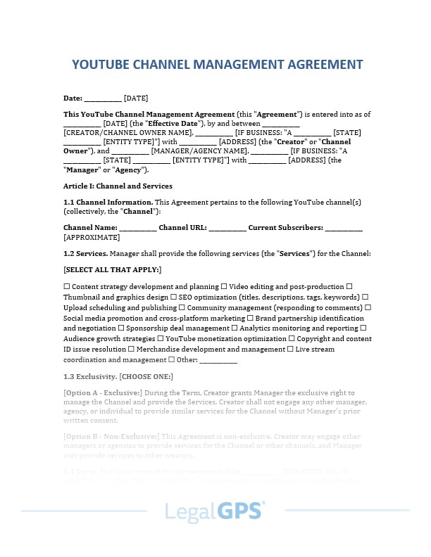 YouTube Channel Management Agreement