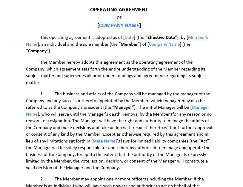 LLC Operating Agreement Template (Single-Member, Manager-Managed ...