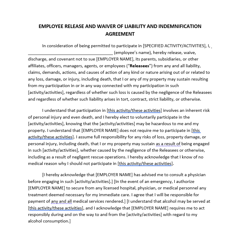 Release of Liability & Indemnification Agreement Template for Employees ...
