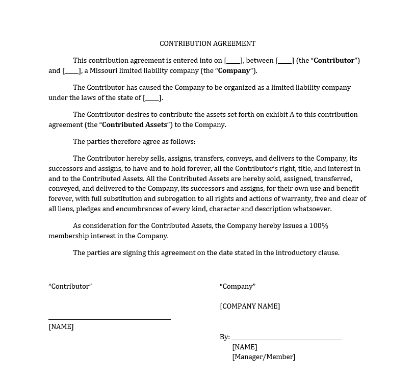Contribution Agreement for Cash or Assets Template | Legal GPS
