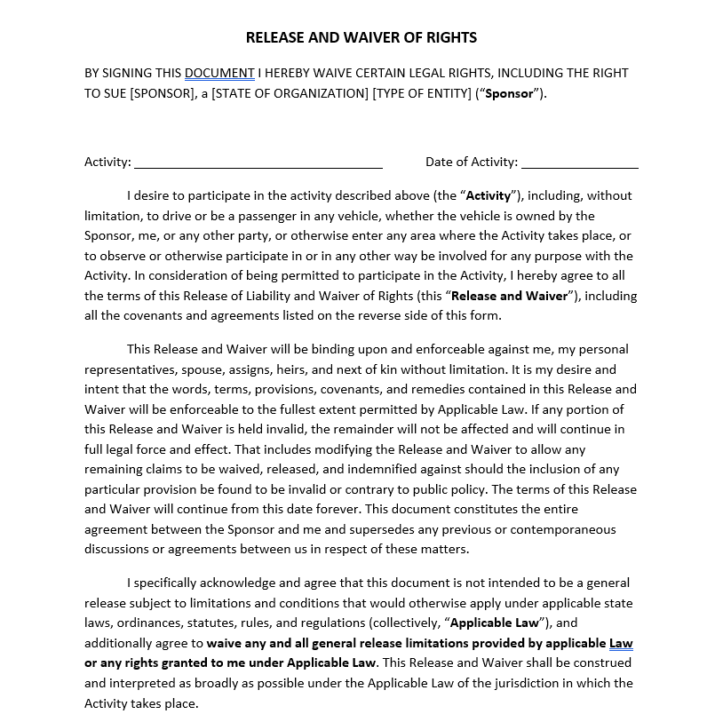 Release of Liability and Waiver of Rights (Drive and Ride Events ...